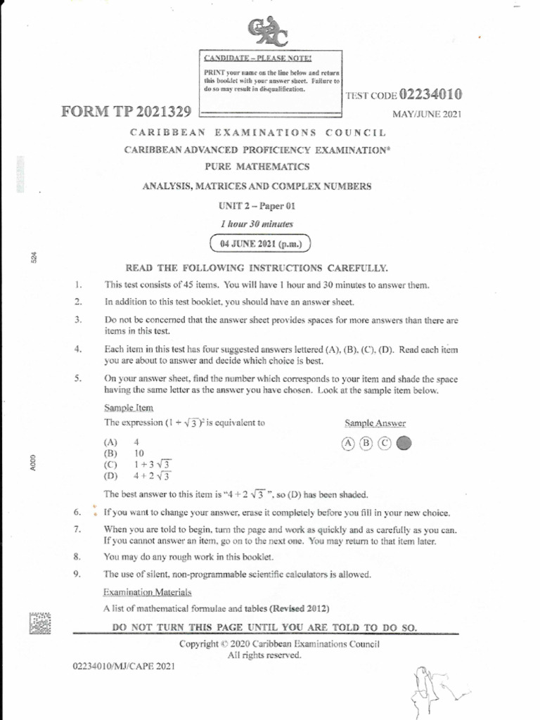 Cape Pure Mathematics U2 P1 May-June 2021 With Answers | PDF