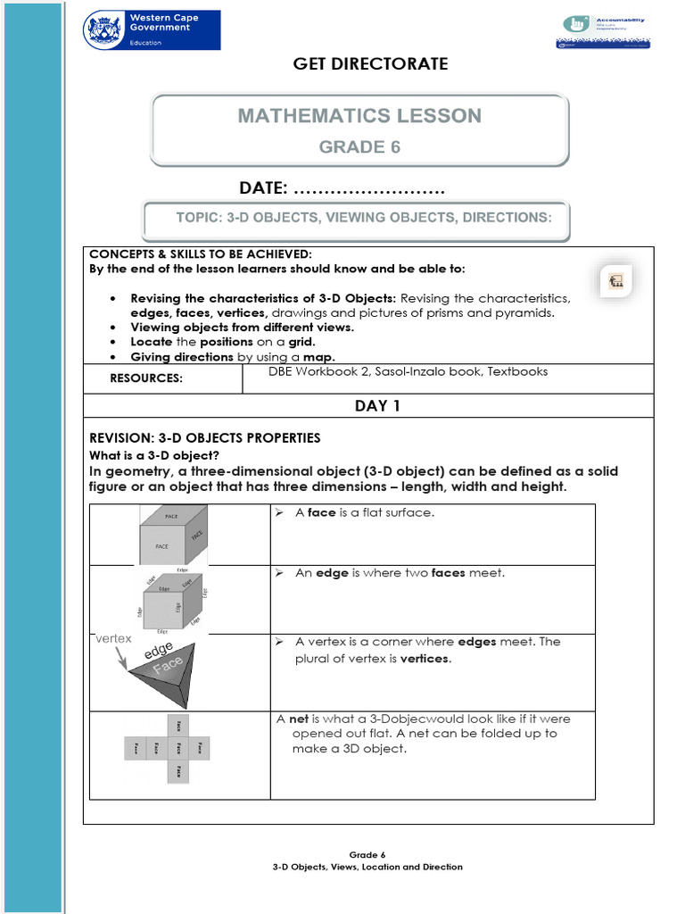GET IP Grade6 Mathematics 3-D Objects Views and Position Term 3 Week 6 | PDF