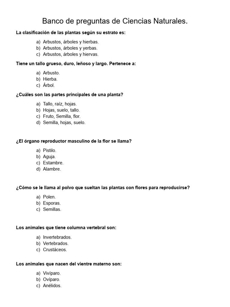 Cuestionario de Preguntas de Ciencias Naturales 4to | PDF