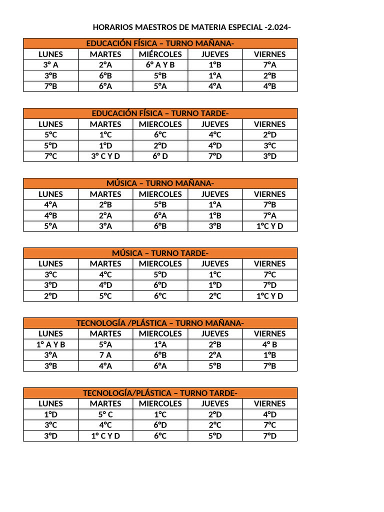 Horario Maestros de Materia Especial 20244 | PDF