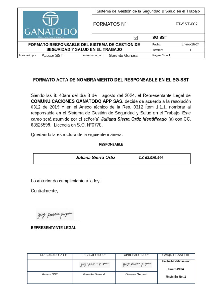 FT-SST-001 Formato Responsable Del SG-SST | PDF