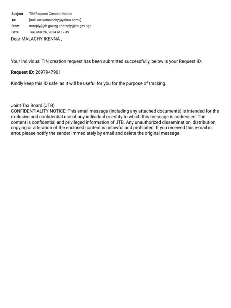 Yahoo Mail Document - TIN Request Creation Notice | PDF