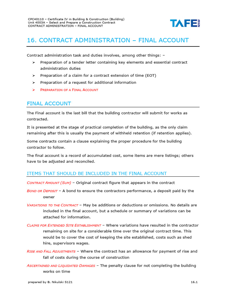 4003 - Contracts - Final Account S121 DRAFT | PDF