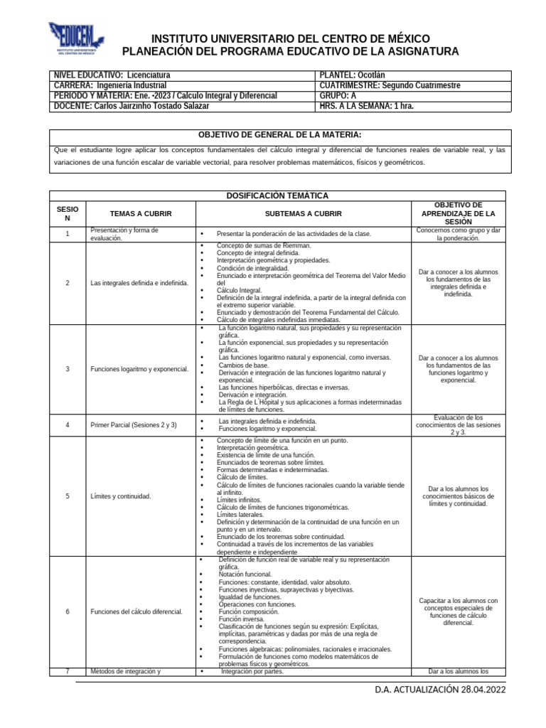 Formato de Planeación de Clases - Calculo Integral y Diferencial | PDF