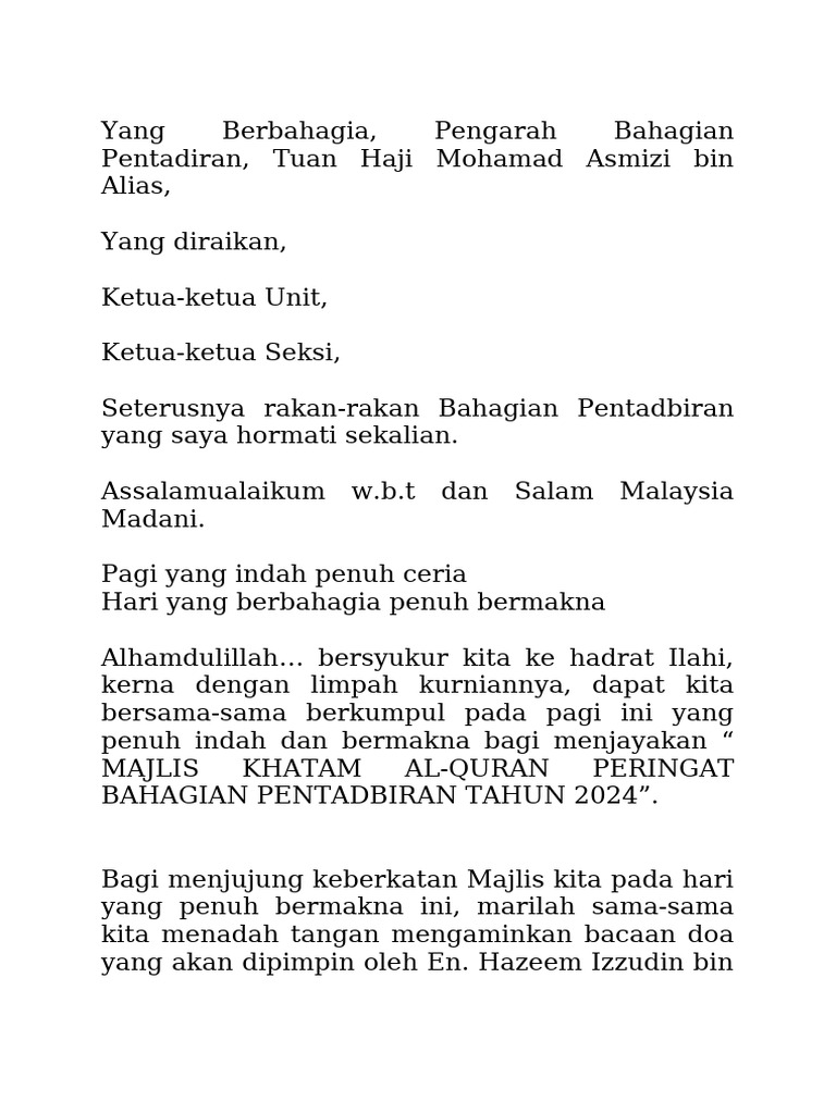Teks Ucapan Majlis Khatam Al-Quran | PDF