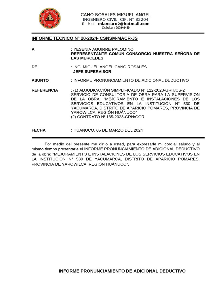 Informe #28 Informe Tecnico Del Cronograma de Participación de Personal Clave | PDF | Colector ...