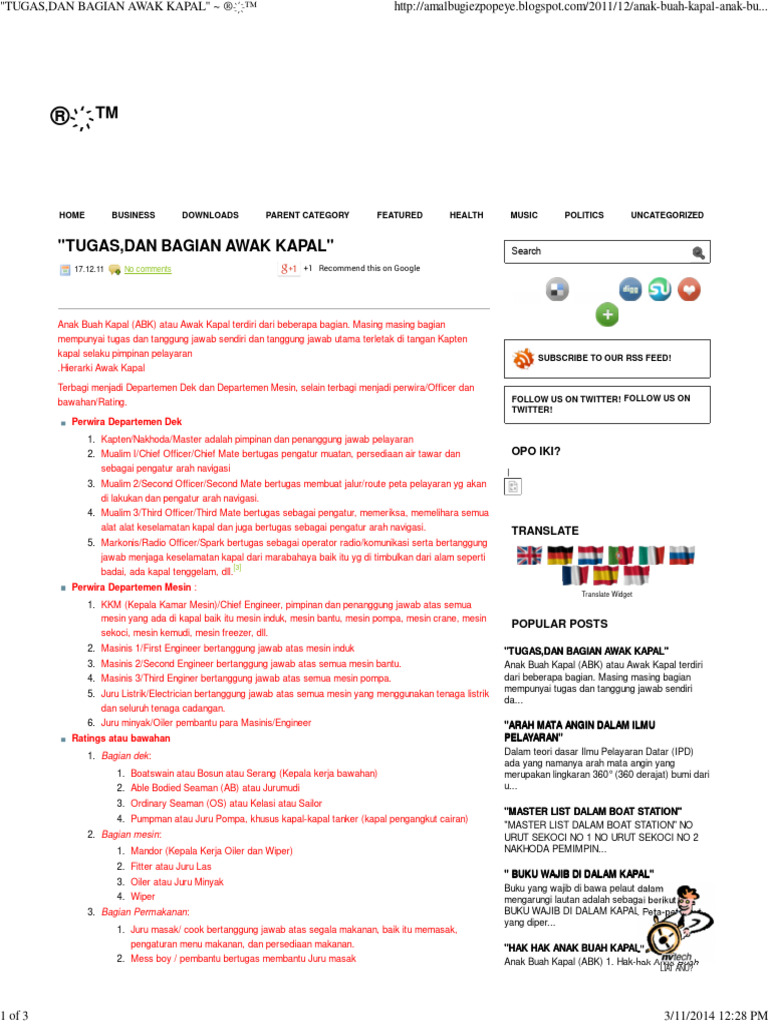 Tugas Dan Bagian Awak Kapal | PDF