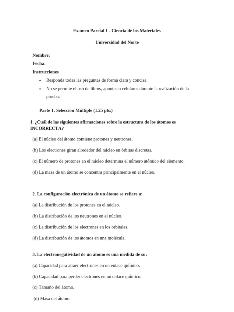 Prueba Parcial 1 Ciencia de Los Materiales | PDF Prueba Parcial 1 Ciencia de Los Materiales | PDF