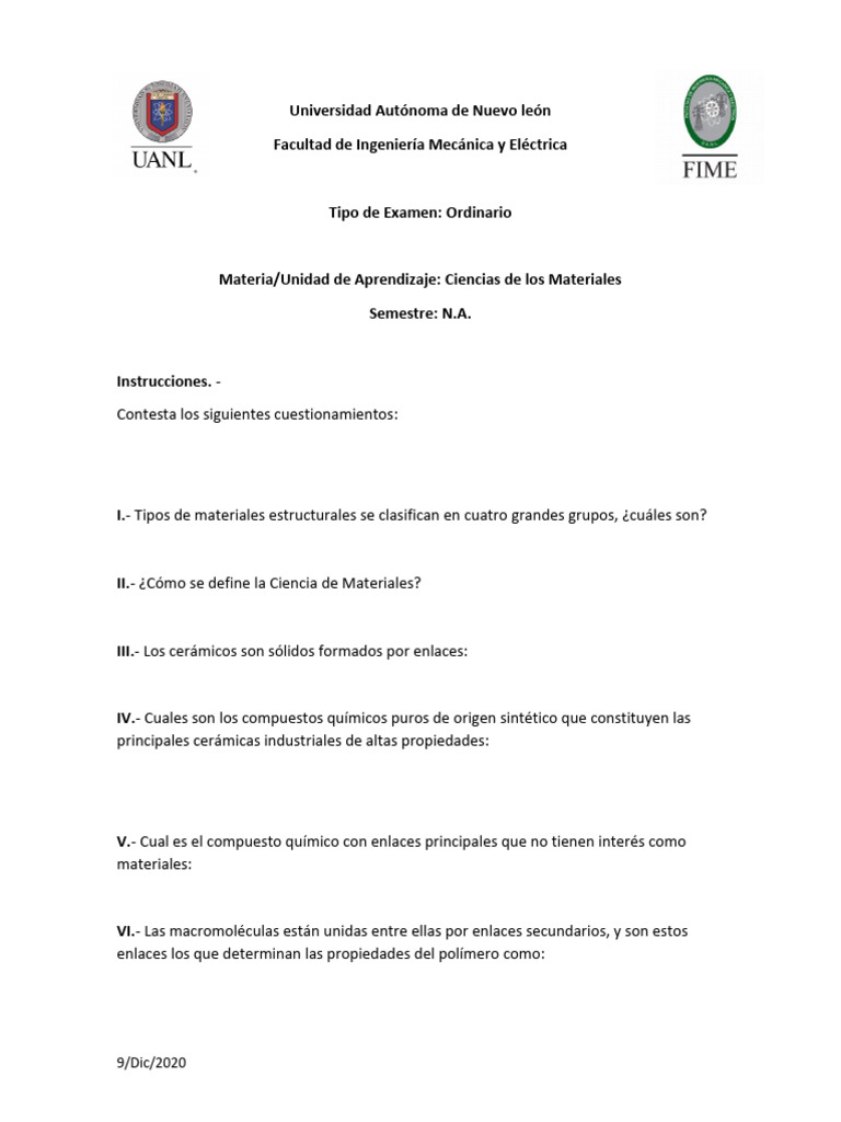 Examen Ordinario Ciencias de los Materiales (2) (1) | PDF