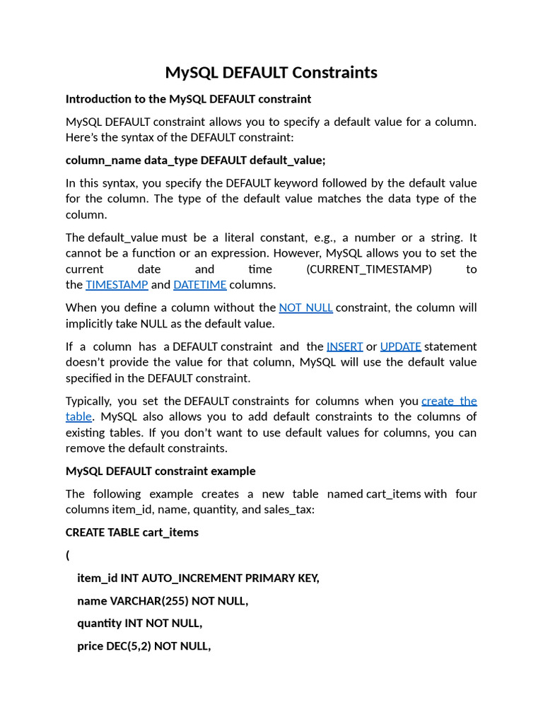 MySQL DEFAULT Constraints - Updated | PDF