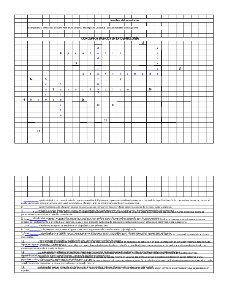 Crucigrama Unidad 1. Conceptos Básicos en Epidemiología | PDF
