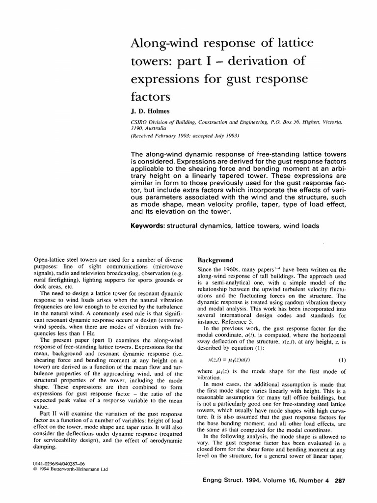 Along-Wind Towers: Part I - Expressions For Factors Response of Lattice ...