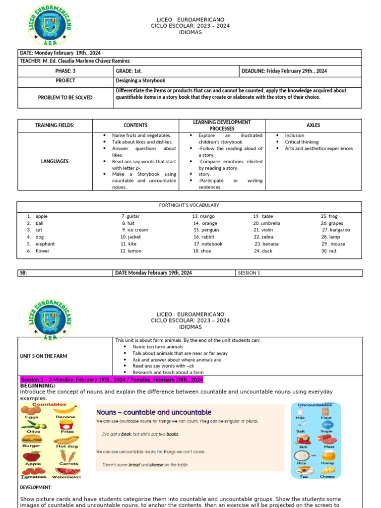 Lesson Plan English Liceo 1st Grade 19th Feb To 29th Feb 2024 | PDF