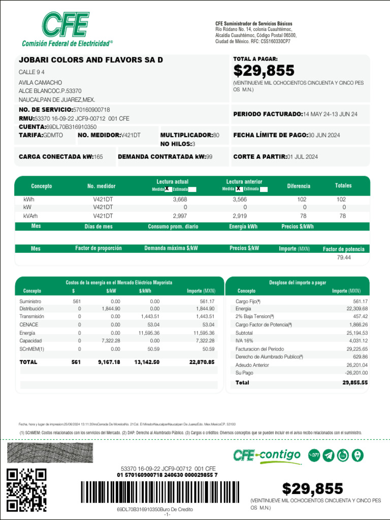 Jobari Colors and Flavors Sa D: Concepto No. Medidor Diferencia Totales ...