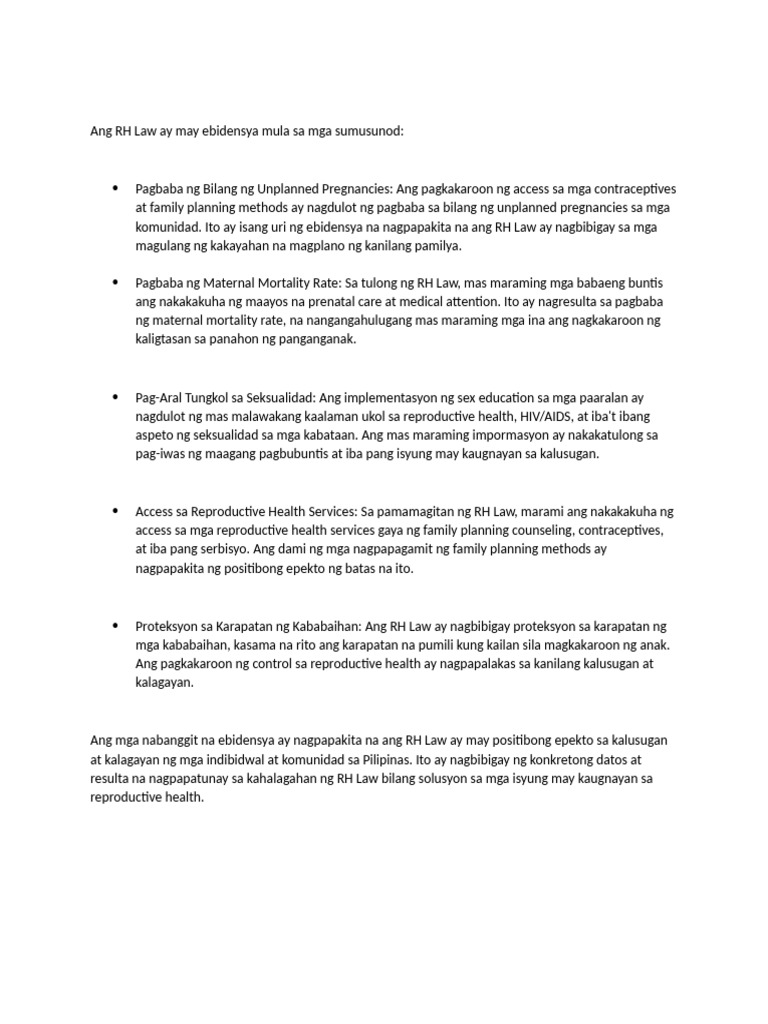 Ang RH Law Ay May Ebidensya Mula Sa Mga Sumusunod | PDF
