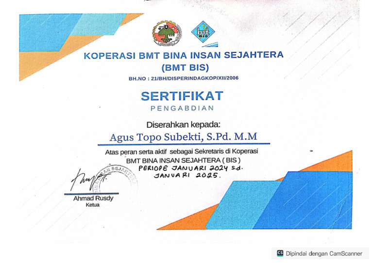 Sertifikat Sebagai Sekretaris BMT BIS | PDF