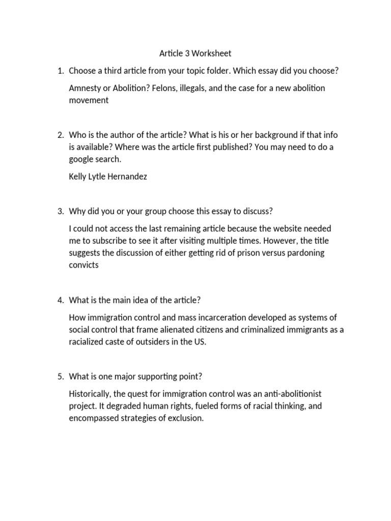 Article 3 Worksheet (1301) | PDF