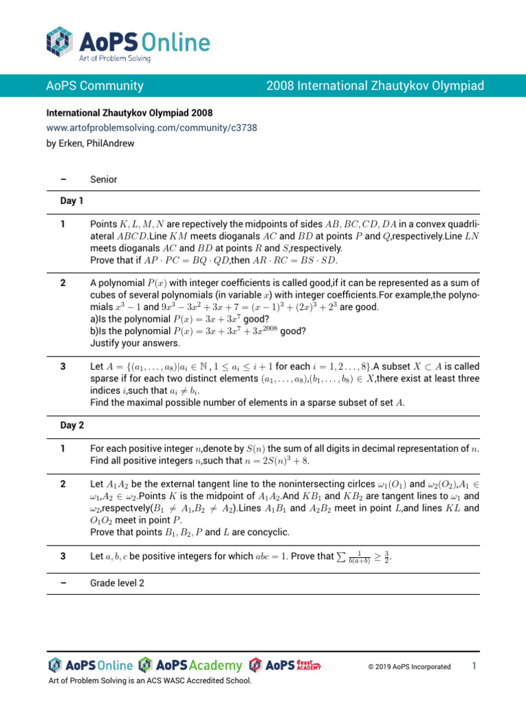 Aops Community 2008 International Zhautykov Olympiad | PDF