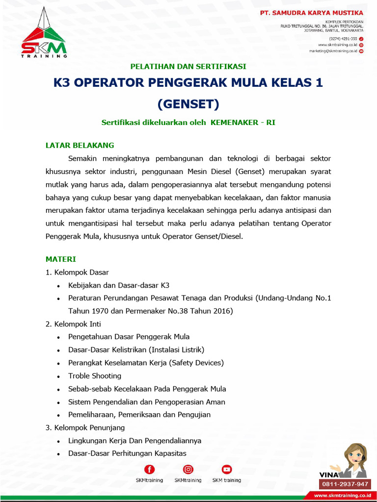 Sertifikasi Penggerak Mula Kelas 1 (Genset) Kemnaker Ri - Blended Jogja | PDF