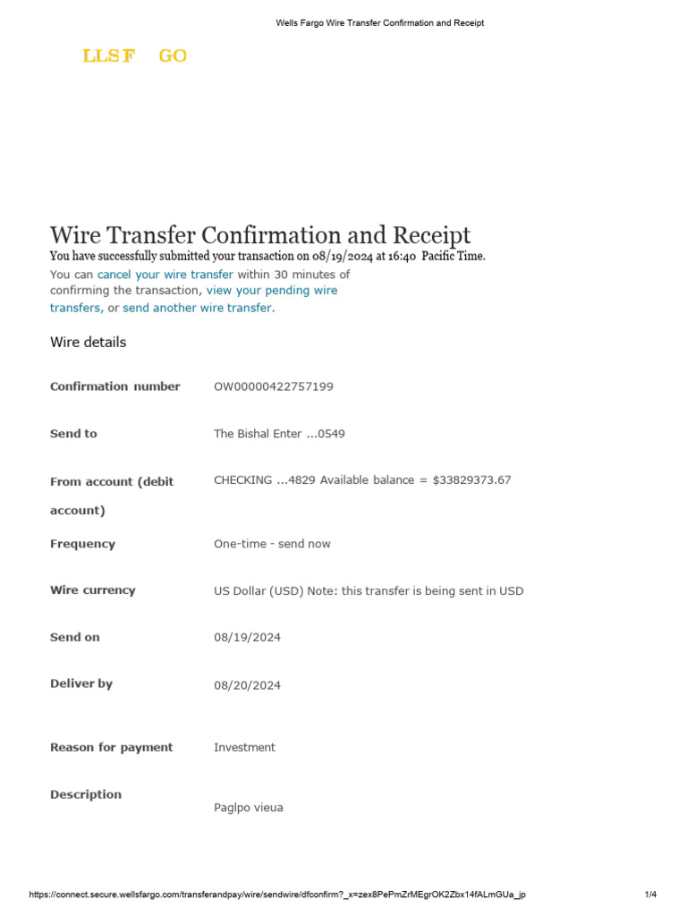 Transfer Wells Far Go | PDF | Wire Transfer | Receipt