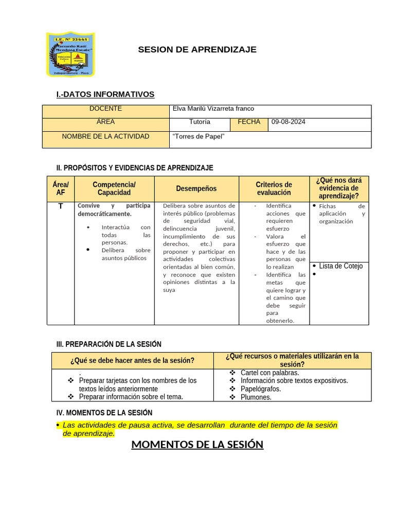 SESION DE APRENDIZAJE. 22445 Tutoria 09-08-2024 | PDF