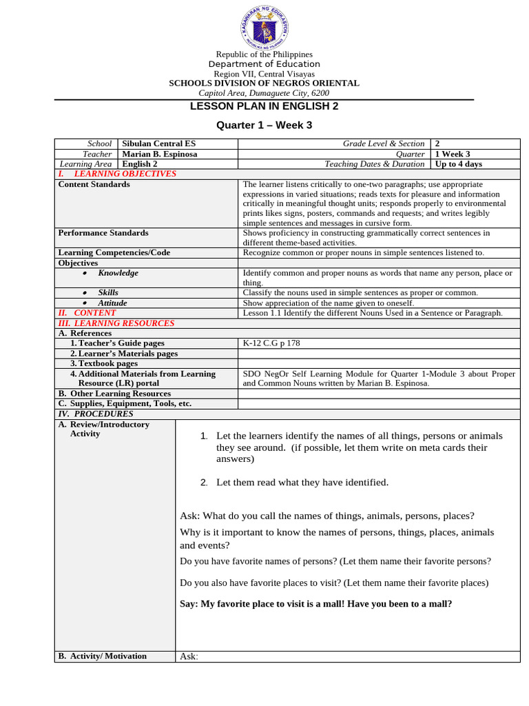 Grade 2 Lesson Plan | PDF