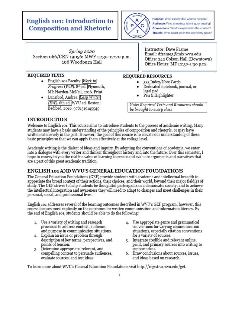 English 101 - Introduction To Rhetoric - Frame | PDF