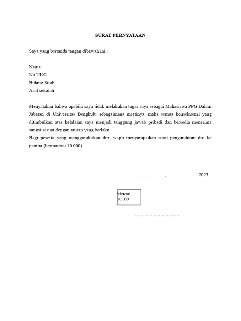 Master Suket Pernyataan Kesanggupan Mengikuti PPG UNIB | PDF