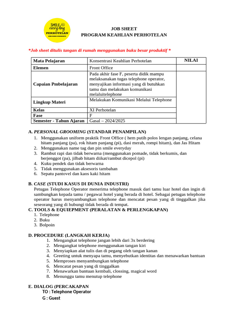 Contoh Job Sheet Telephone Operator 1 | PDF