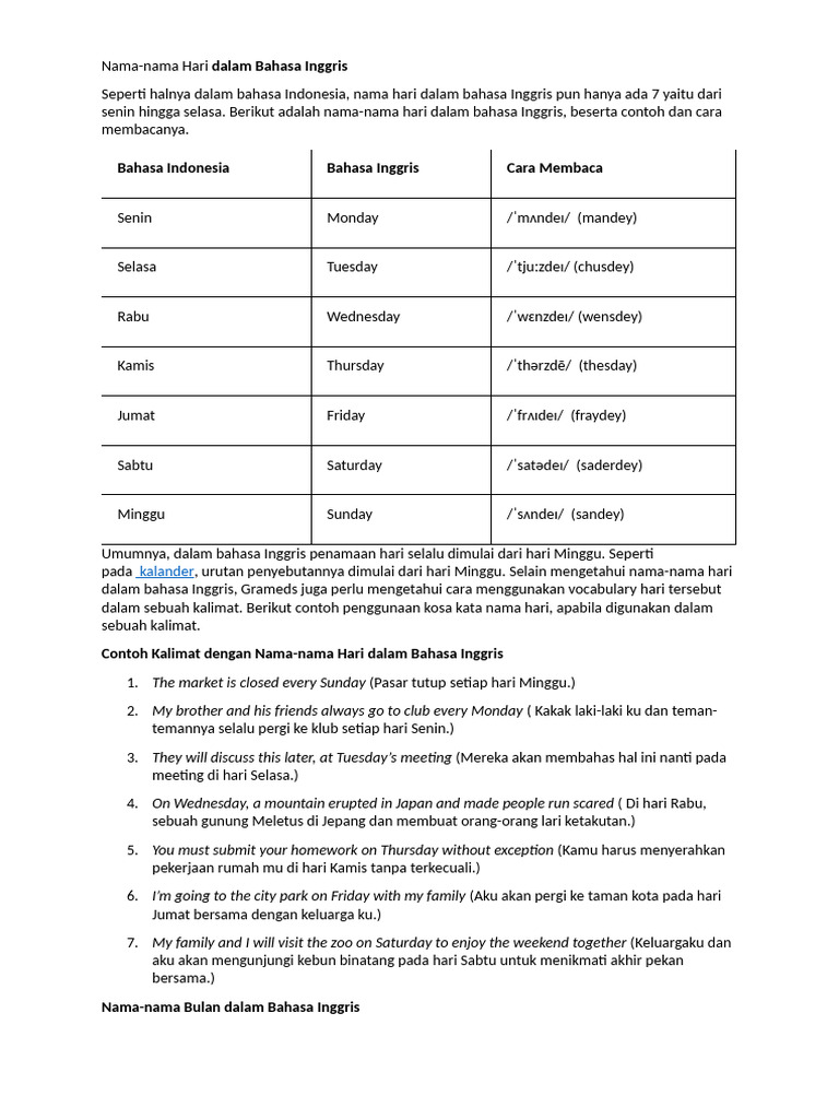 Belajar Nama Hari dan Bulan Inggris | PDF