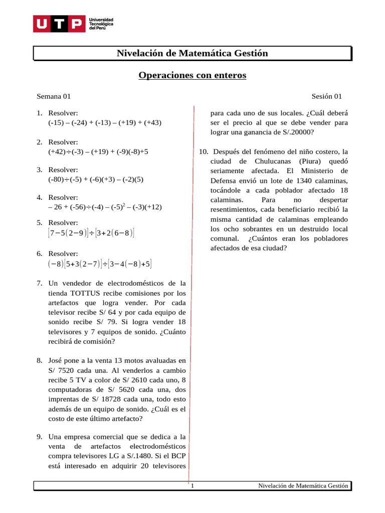 S01 - s1 - Resolver Ejercicios - Operaciones Con Enteros | PDF