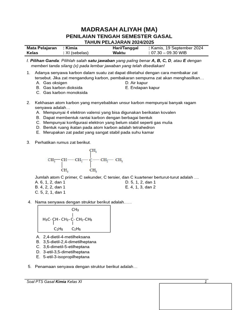 Soal PTS Gasal Kimia Xi | PDF