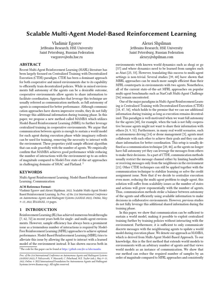 Scalable Multi-Agent Model-Based Reinforcement Learning | PDF Scalable Multi-Agent Model-Based Reinforcement Learning | PDF
