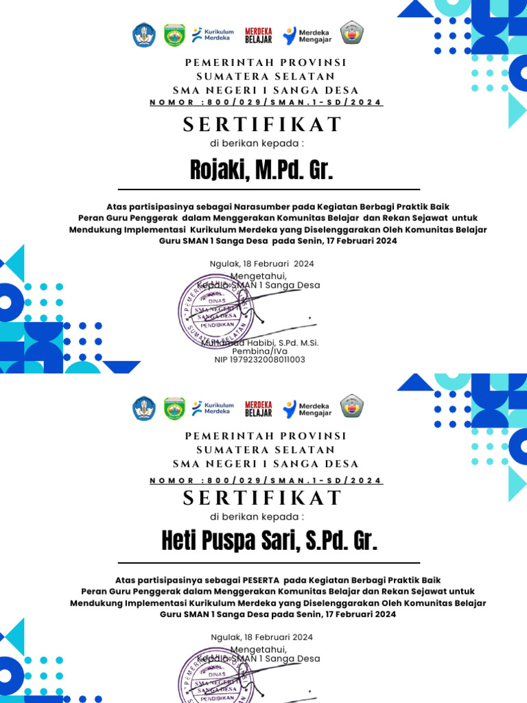 Sertifikat Kombel Sman 1 Sanga Desa Bulan Februari 2024 | PDF | Ilmu Sosial