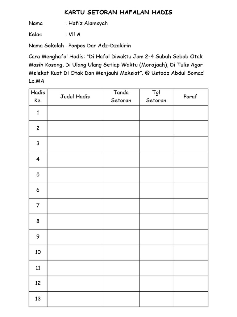 Kartu Setoran Hafalan Hadis | PDF