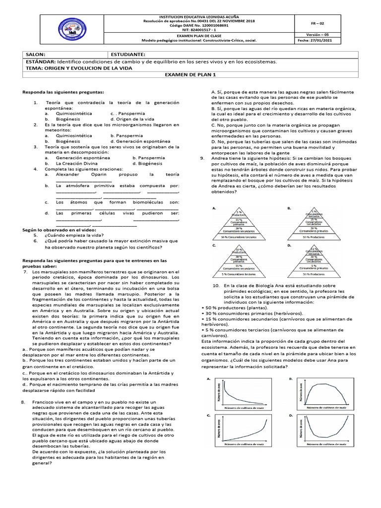 Examen Plan Clase 1 C Naturales 6 | PDF