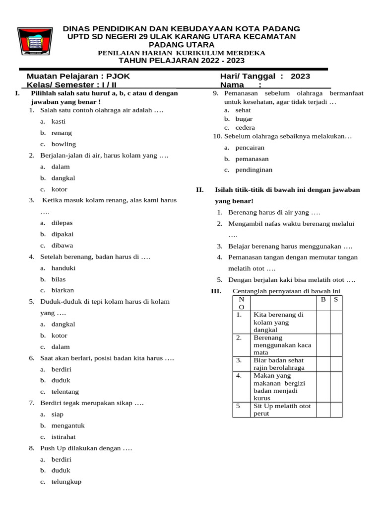 Ujian PH Kls 1 Semster 2 Tahun 2023 | PDF Ujian PH Kls 1 Semster 2 Tahun 2023 | PDF