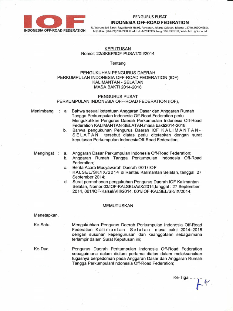 SKEP 22 Pengukuhan Pengurus IOF PengDa Kal-Sel Berikut Lampiran | PDF SKEP 22 Pengukuhan Pengurus IOF PengDa Kal-Sel Berikut Lampiran | PDF