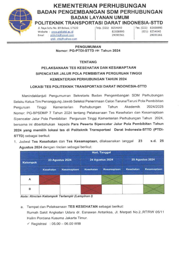 Pg-Ptdi-Sttd 291 Tahun 2024 Pelaksanaan Tes Kesehatan Dan Kesemaptaan ...