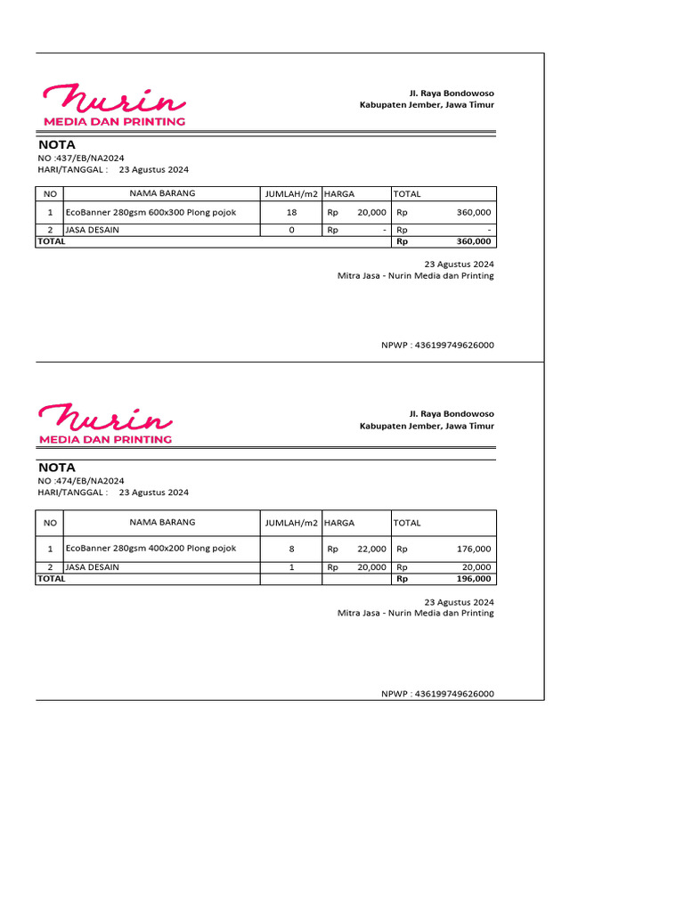 Format Nota Dengan NPWP | PDF