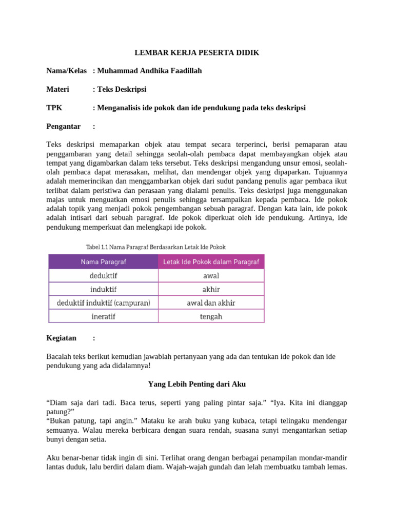 LKPD Ide Pokok Teks Deskripsi | PDF