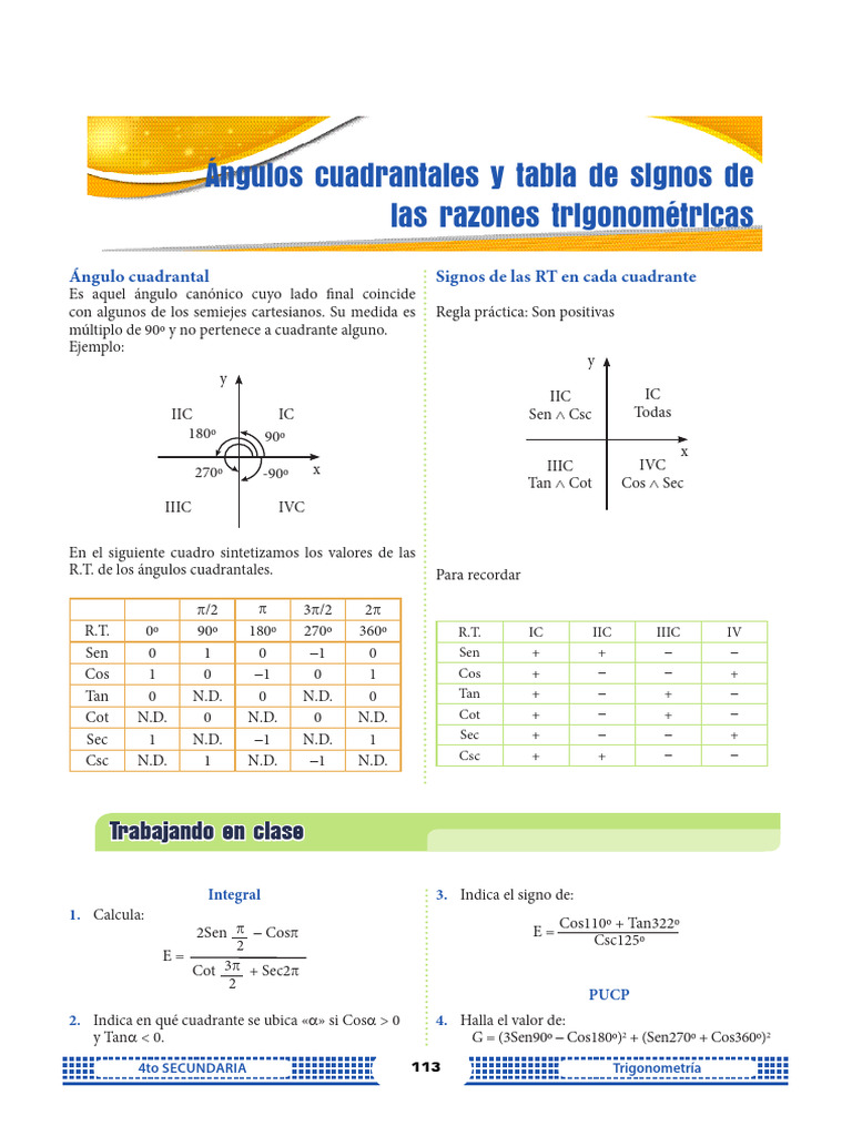 15 Angulos Cuadrantales y Tabla de Signos de Las Raz. Trig. | PDF | Euclides | Geometría del ...