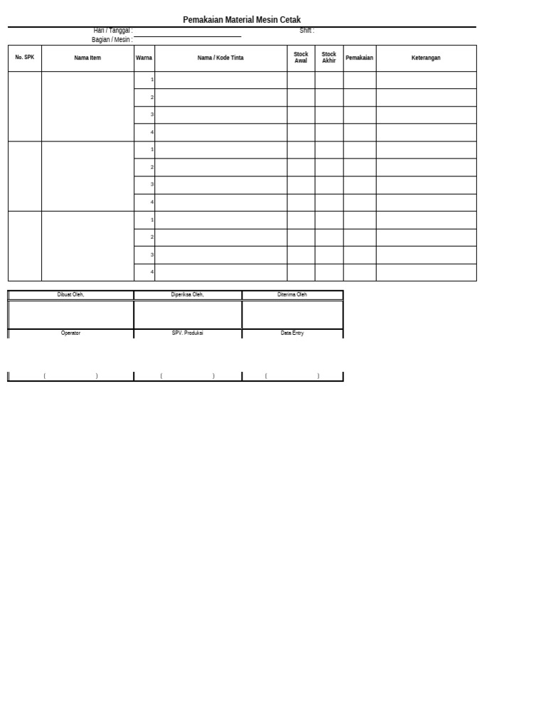 Form Pemakaian Material | PDF