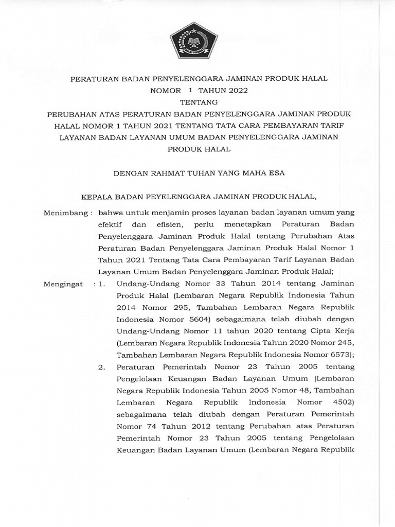 Peraturan BPJPH No 1 Tahun 2022 Tentang Perubahan Tata Cara Tarif 111eabe78c | PDF