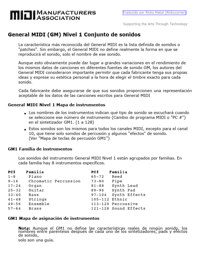 General MIDI (GM) Nivel 1 Conjunto de Sonidos | PDF