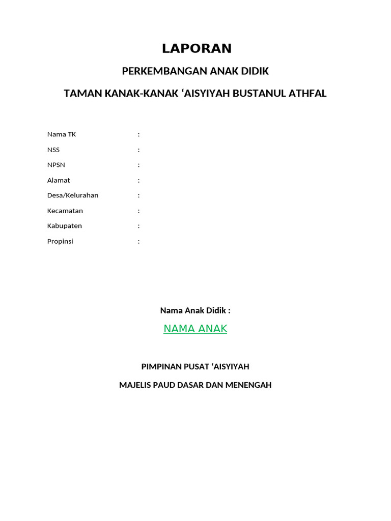 Format Laporan Perkembangan Anak Paud Aisyiyah | PDF