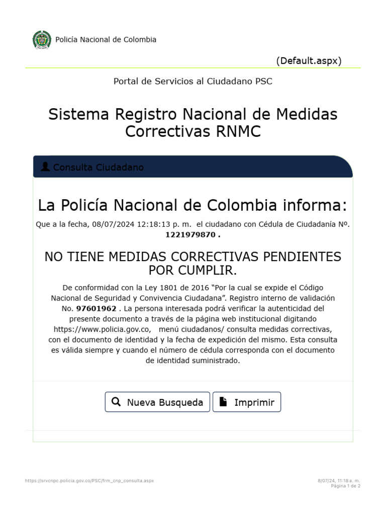 Certificado Consulta RNMC | PDF