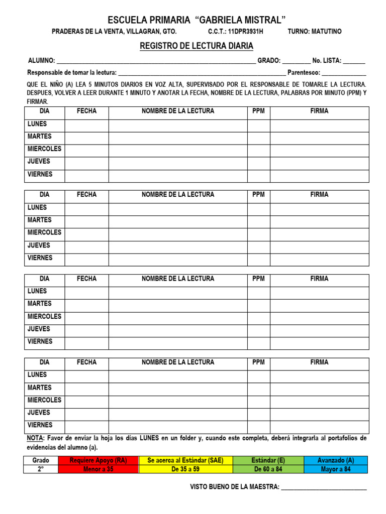 Registro Diario de Lectura Escolar | PDF
