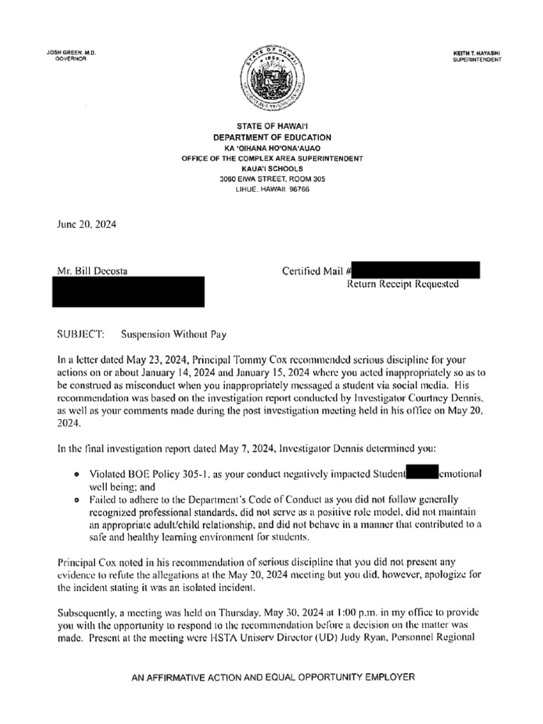 HIDOE Letter To Bill DeCosta | PDF