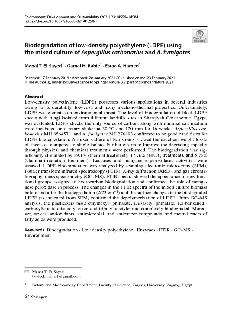 Biodegradation of low‑density polyethylene (LDPE) using THE MIXED CULTURE OF aspergillus ...